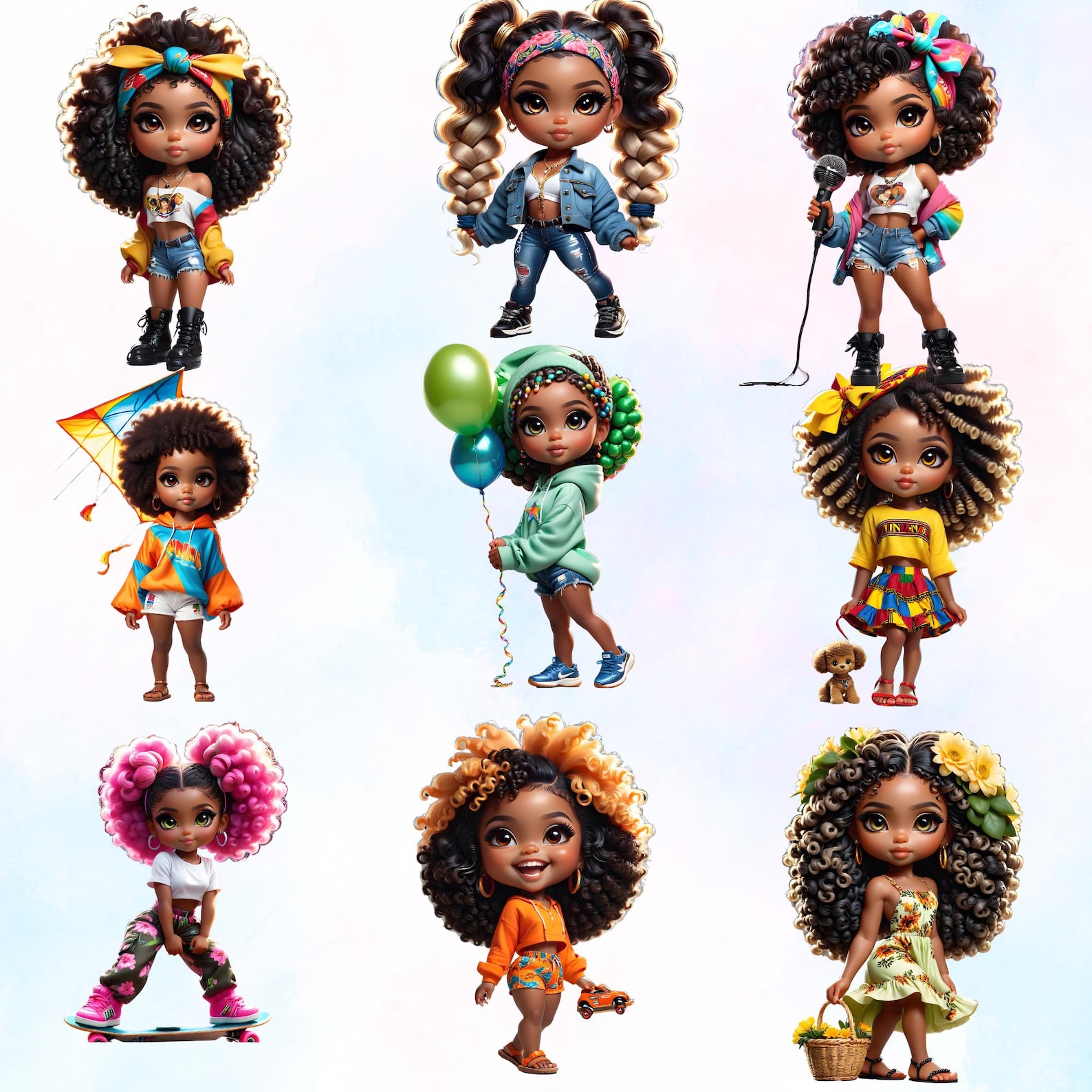 40 Afro Chibi Girl PNG Bundle – African Chibi Doll Digital Art – Cute ...