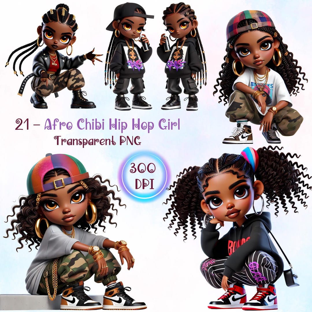 21 Afro Hip-hop Chibi Girl Clipart, Urban Style Characters, Graffiti ...