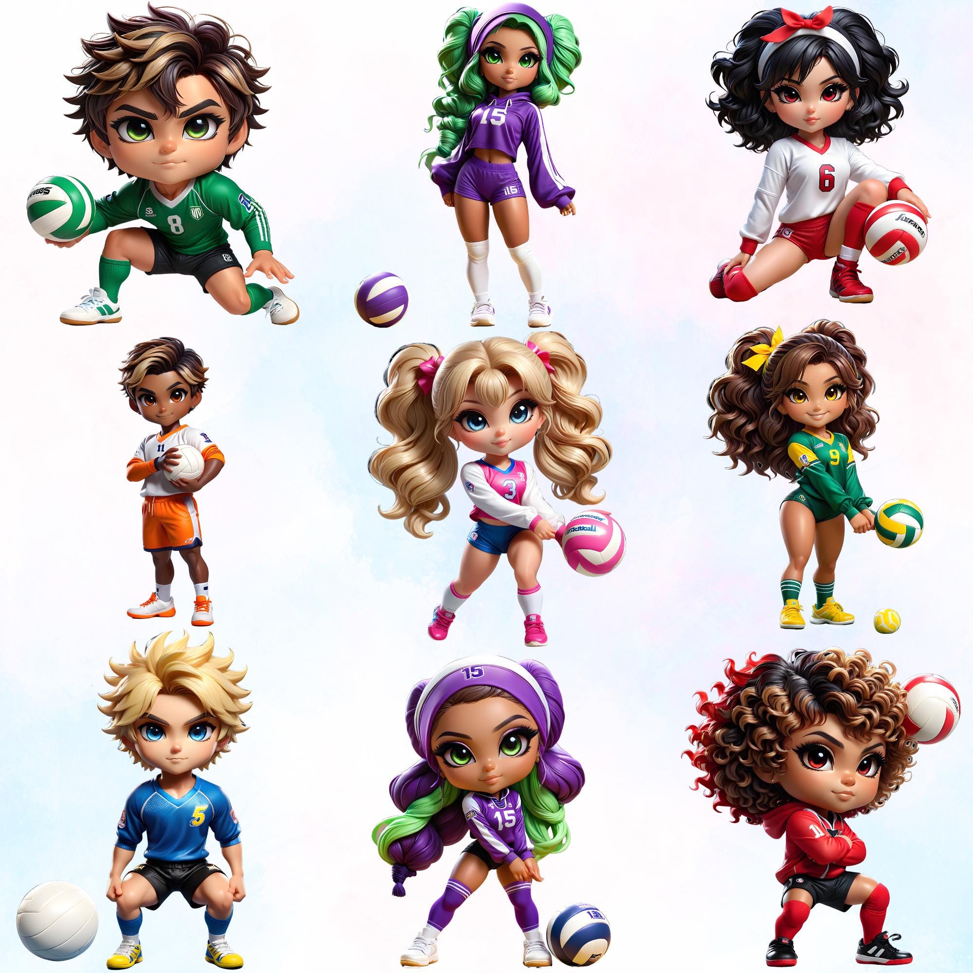 32 Volleyball Chibi Characters PNG – Cute Volleyball Player Clipart ...