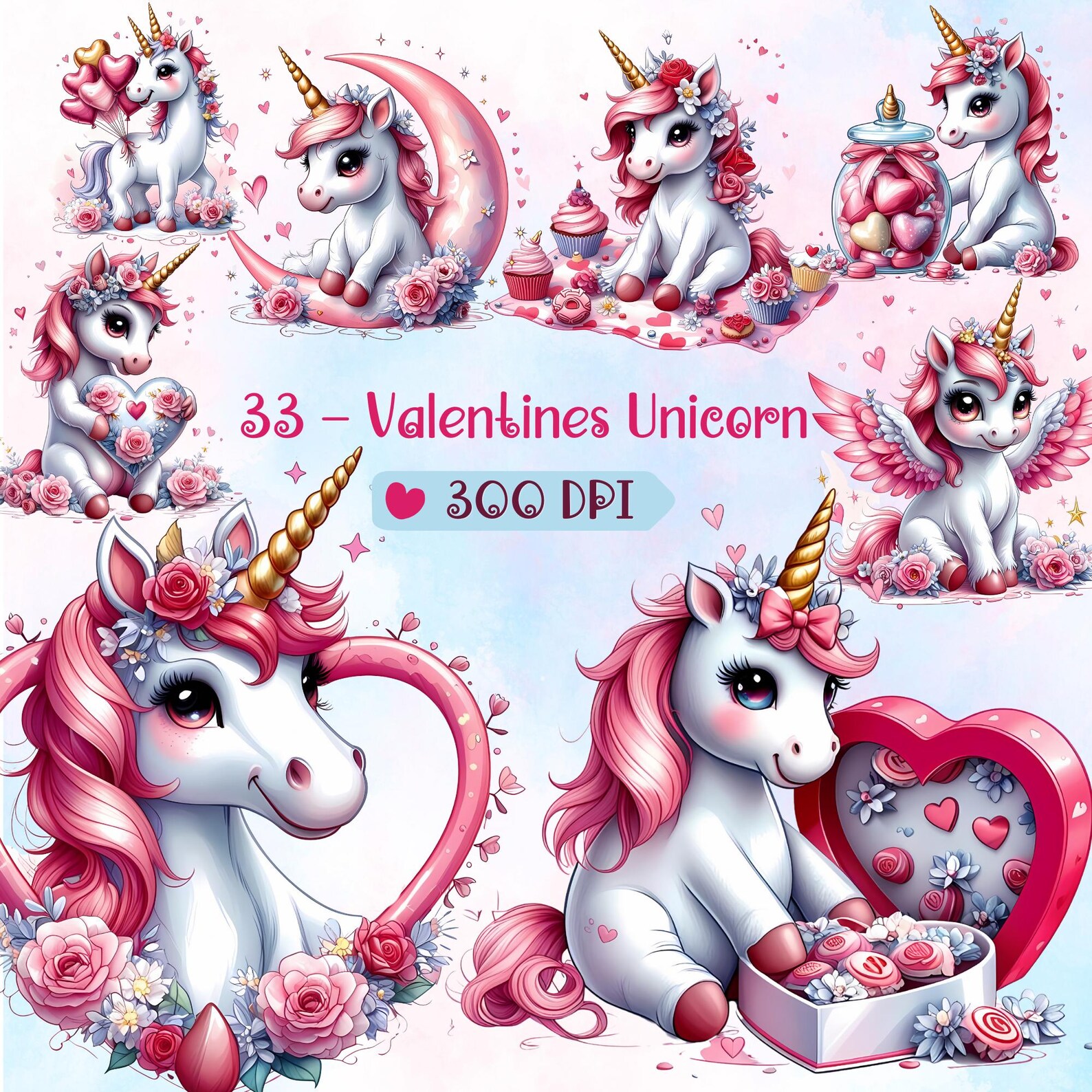 Valentine Unicorn PNG Bundle – Floral Clipart, Sublimation Designs ...