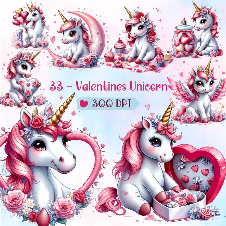 Valentine Unicorn PNG Bundle – Floral Clipart, Sublimation Designs ...