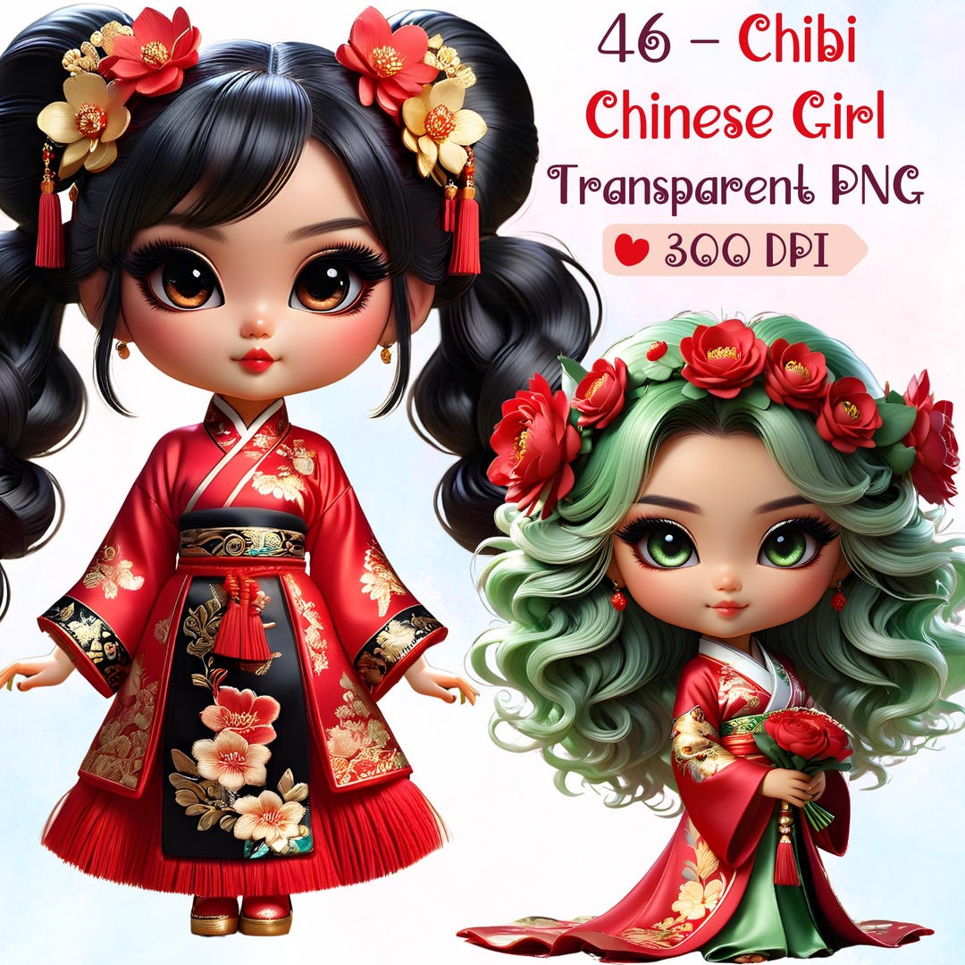 46 Chibi Chinese Girl PNG Bundle, Cute Asian Chibi Clipart, Digital ...