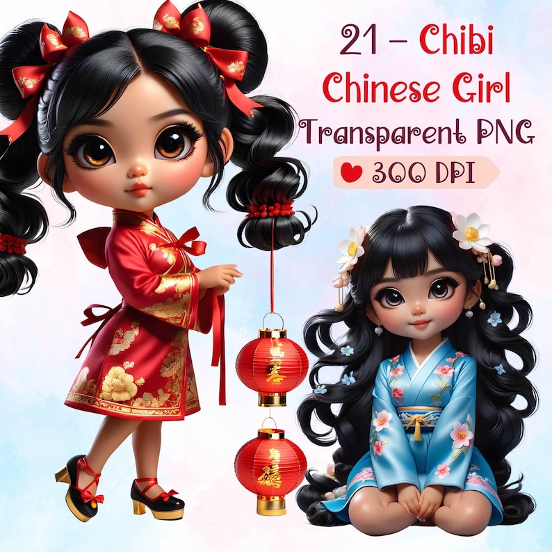 21 Chibi Clipart Chinese Girl PNG Bundle – Cute Digital Illustrations ...