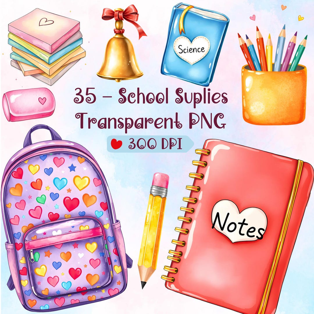 35 School Supplies Clipart Bundle | Back to School PNG | Classroom ...