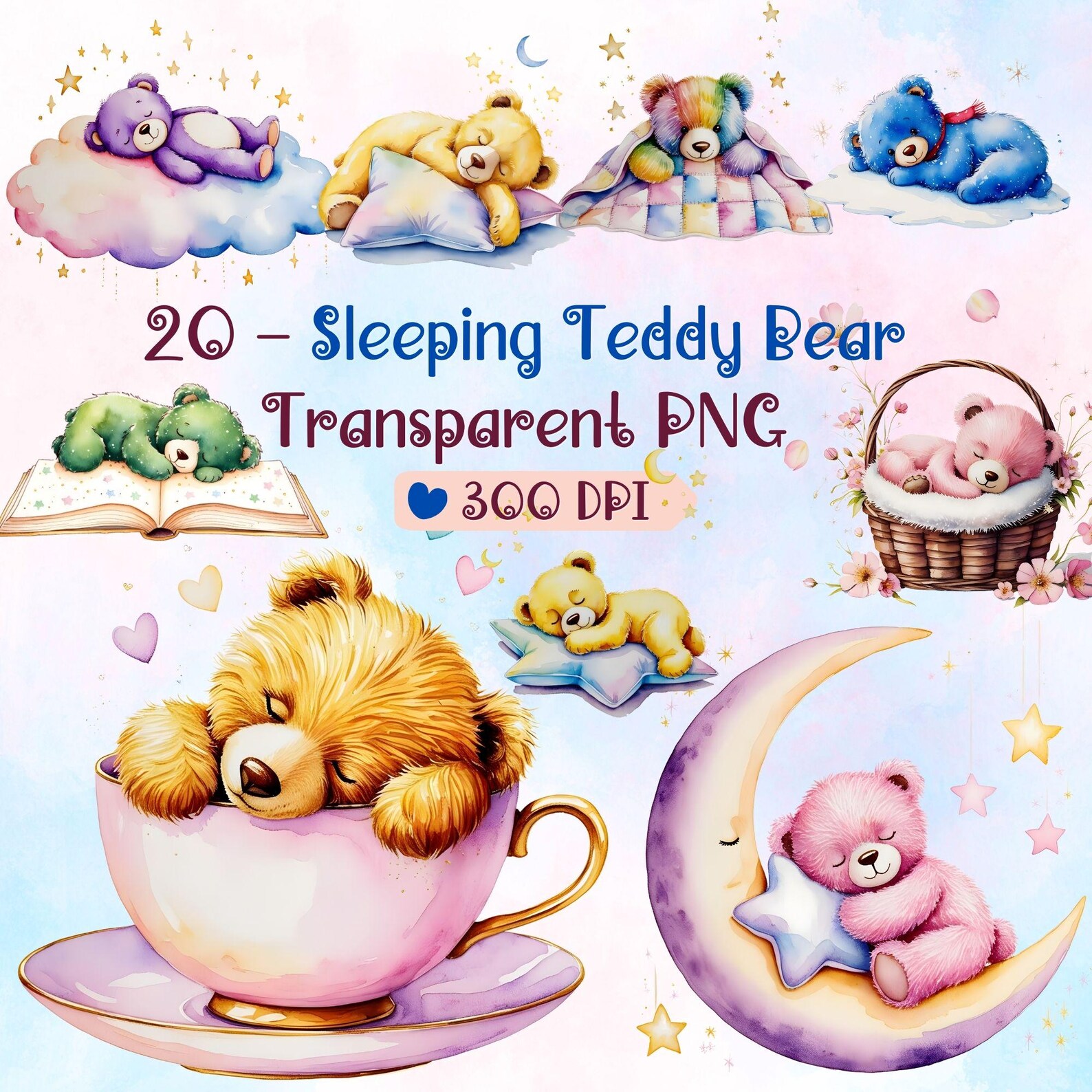 Watercolor Sleeping Teddy Bear PNG Bundle, Nursery Art (digital ...