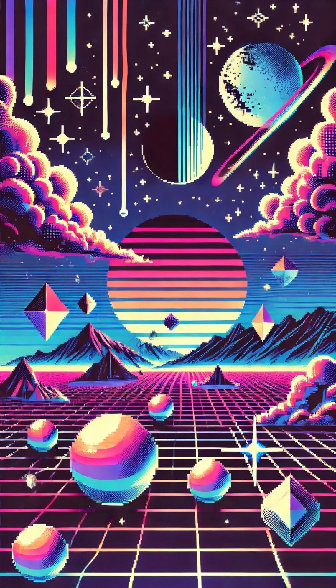 Retro Pixel Art Galaxy Landscape Wallpaper – Vibrant Optical Illusion ...