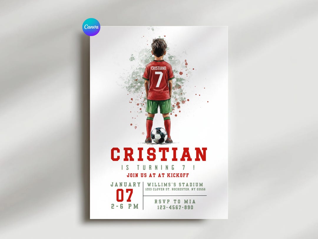 Soccer Birthday Invitation for Boy, Cristiano is Turning 7, Football ...