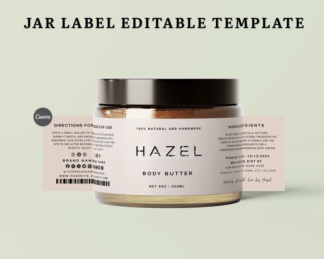 Body Butter Jar Label Template, Body Product Skincare Label , Printable ...