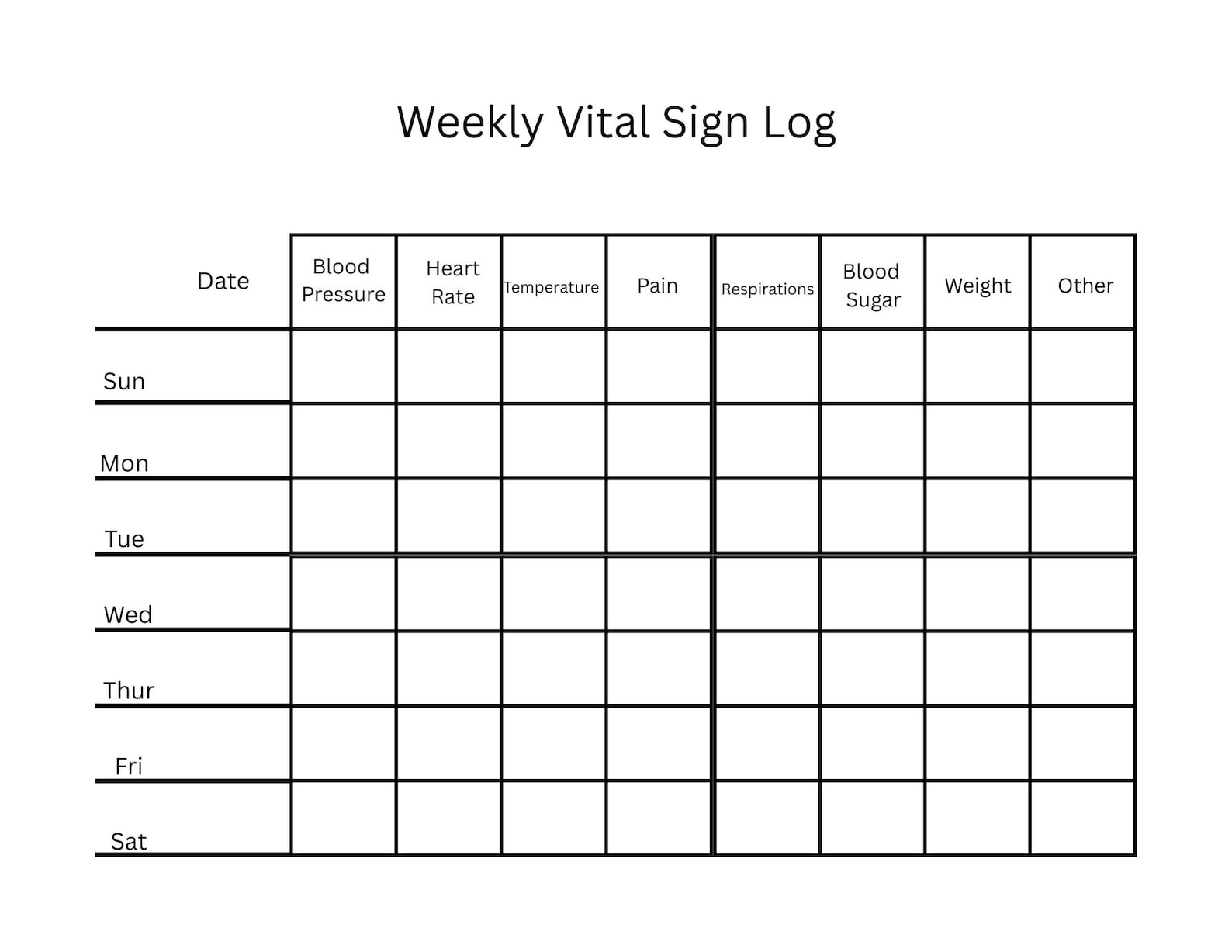 Printable Weekly Vital Sign Log With Weight, Weight Log, Blood Sugar ...