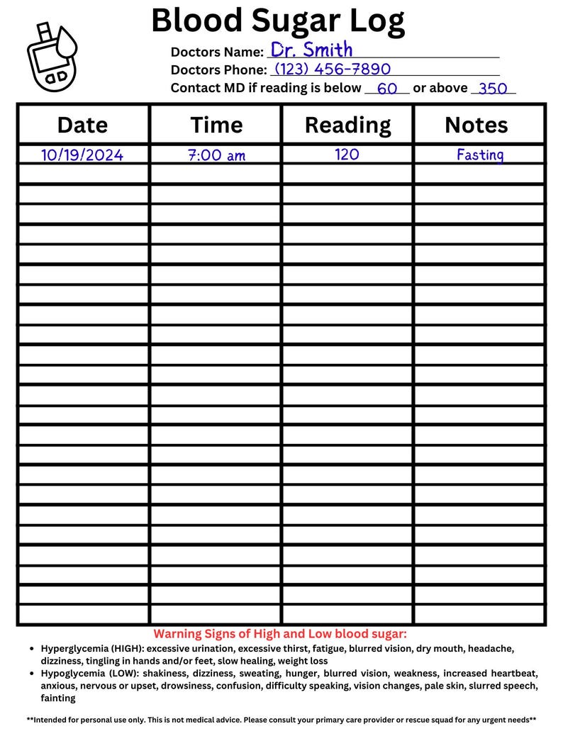 Blood Sugar Log With Symptom Checker, Health Log, Health Tracker, Blood ...