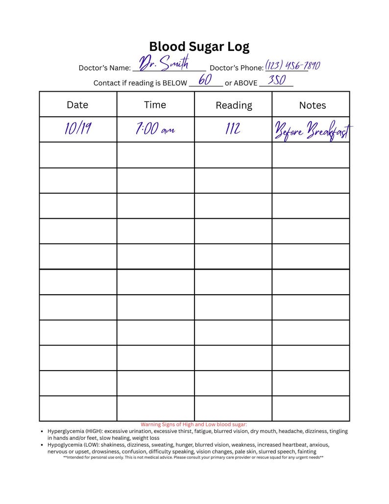 Blood Sugar Log With Symptom Checker, Health Log, Health Tracker, Blood ...