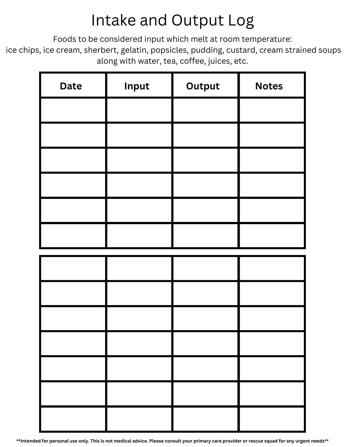 Intake and Output Printable Log, Health Log, Health Tracker, Printable ...