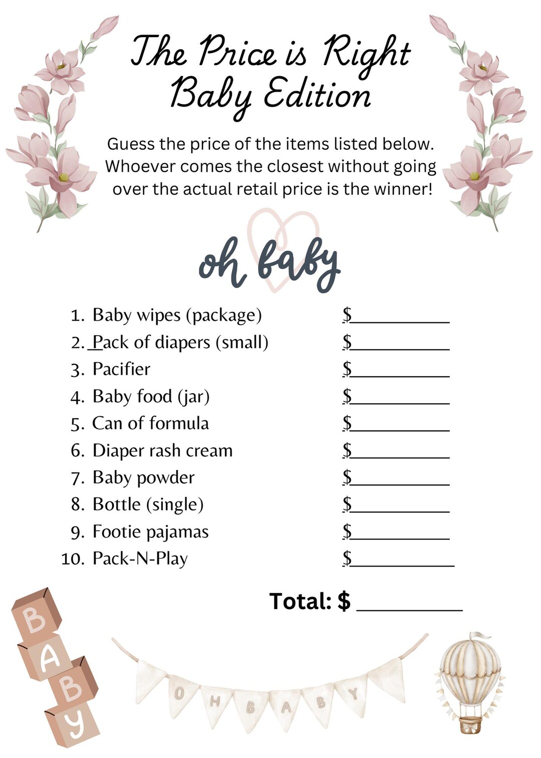 Price is Right Baby Edition: Girl, Baby Shower Games, Printable Baby ...