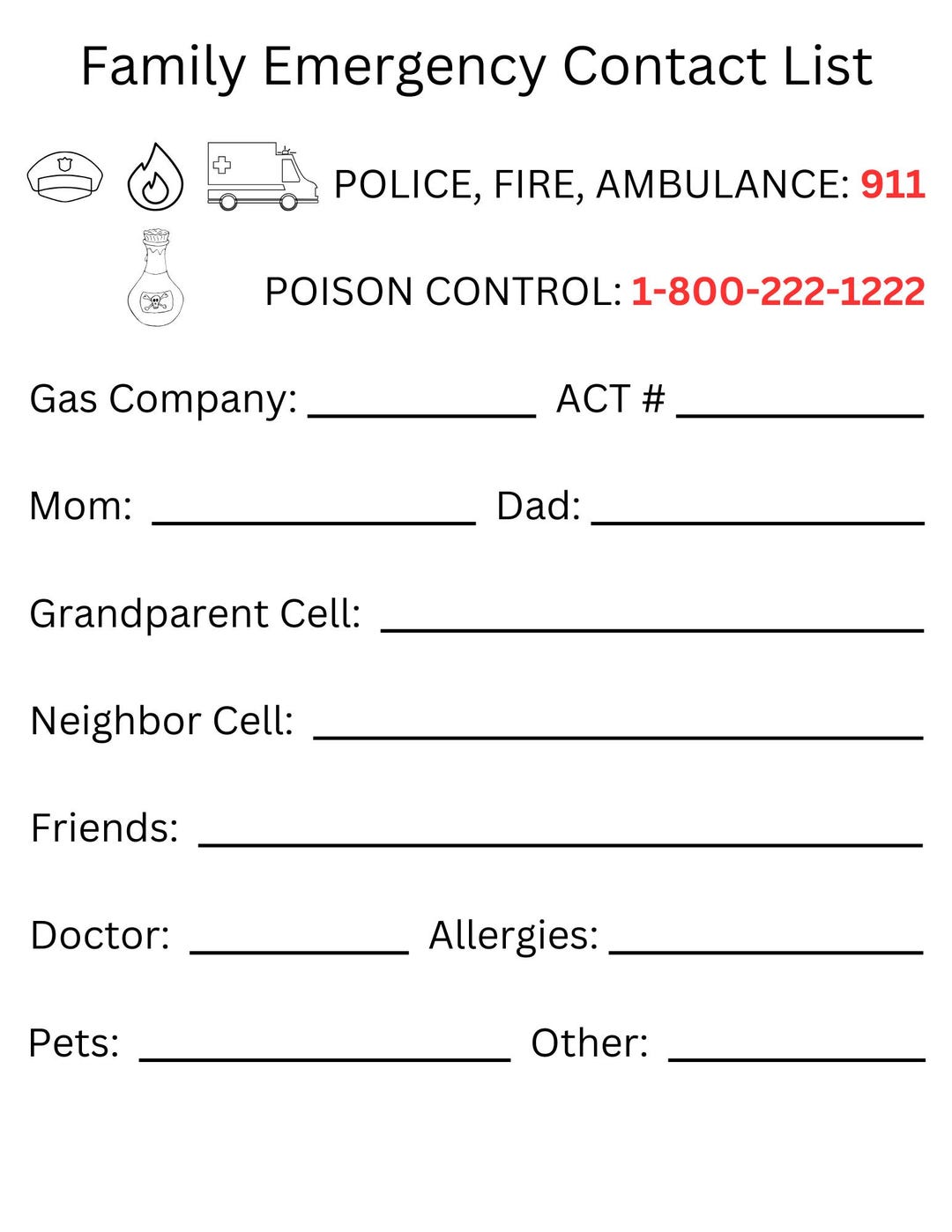 Printable Emergency Contact List, Family Emergency Information ...