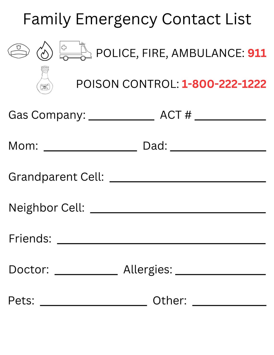 Printable Emergency Contact List, Family Emergency Information ...