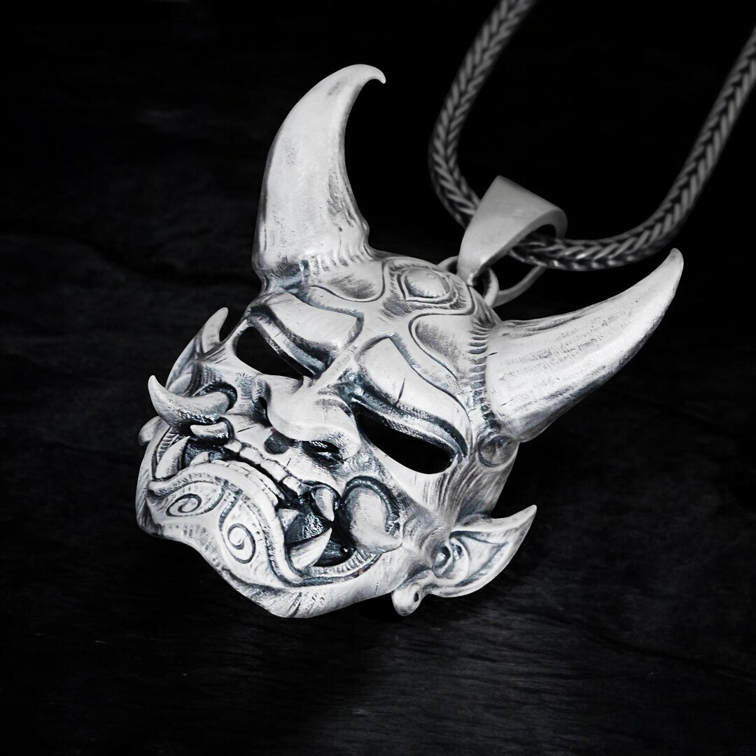 Oxidized Sterling Silver Oni Mask Pendant: Gothic Samurai Necklace - Etsy