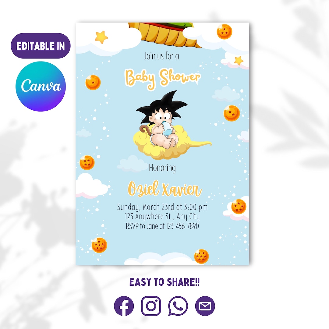 Goku Baby Shower Invitation Template, Dragon Ball Baby Shower, Editable ...