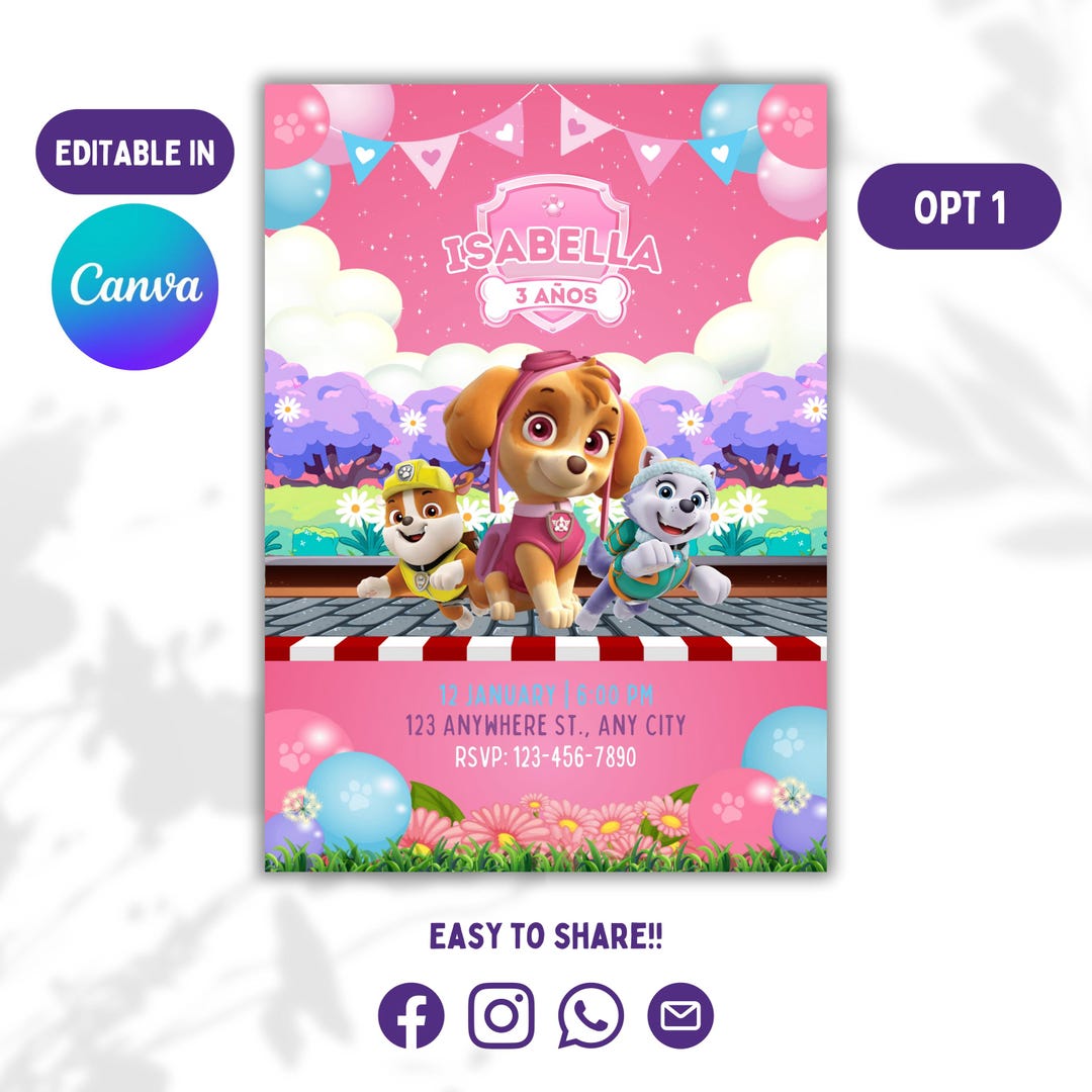 Paw Patrol Skye Invitation, Girls First Birthday, Printable Invitation ...