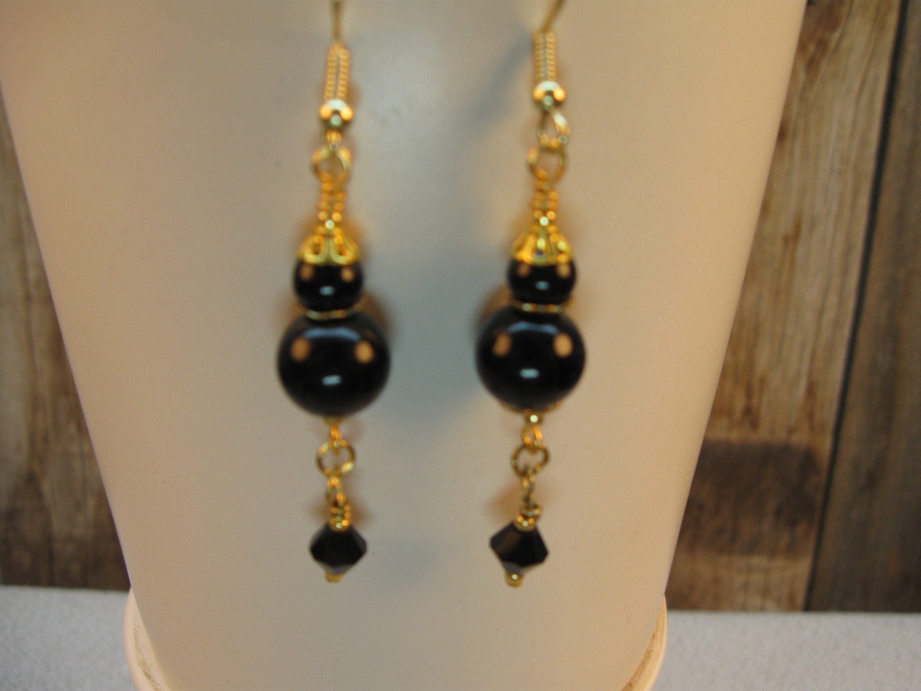 Black Bead Dangle Earrings With Black Crystal and Gold Tone Findings - Etsy