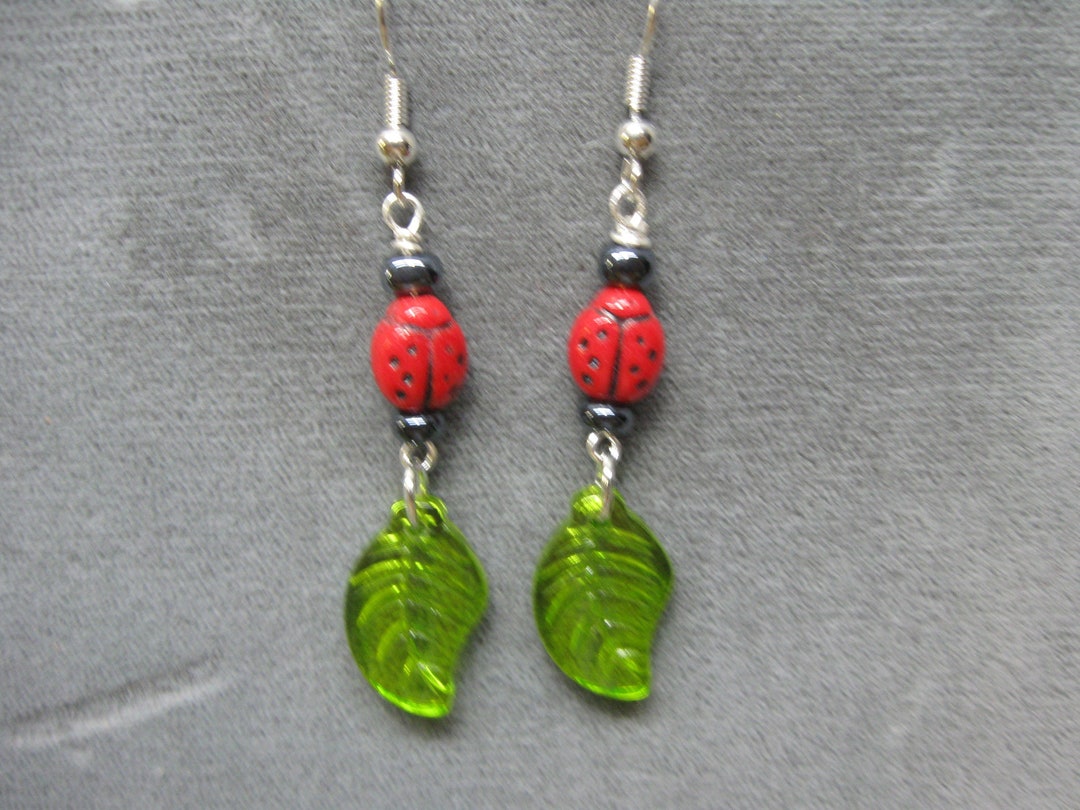 Ladybug With Green Leaf Dangle Earrings - Etsy
