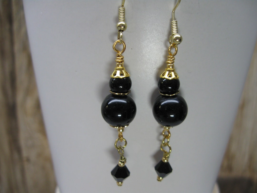 Black Bead Dangle Earrings With Black Crystal and Gold Tone Findings - Etsy