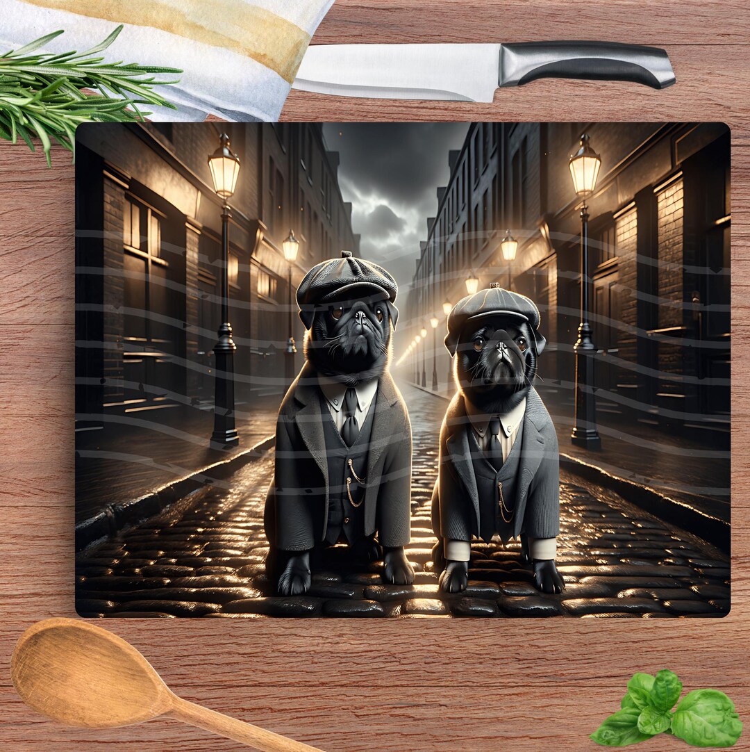 Peaky Pug Dogs Glass Chopping Board PNG Sublimation, Funny Dressed up ...