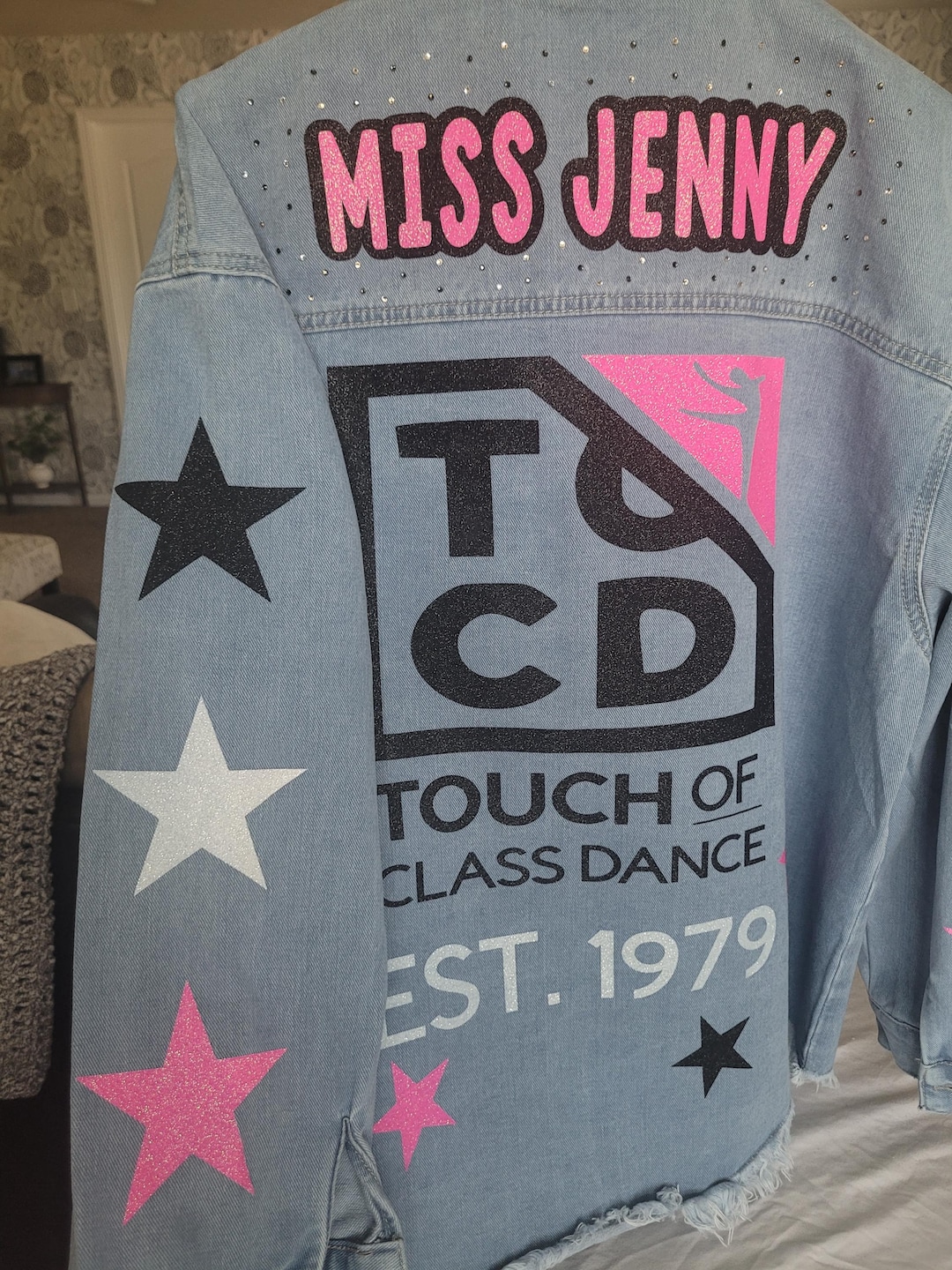 Custom Denim Dance Jacket: Rhinestone & Glitter Team Jacket Game Day ...