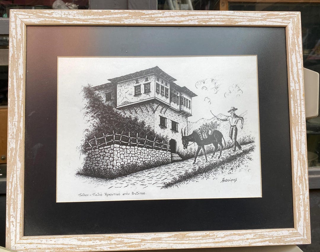 Vintage Hand-drawn Pencil Art by Buras Μπουρας 1970 Framed With Rustic ...
