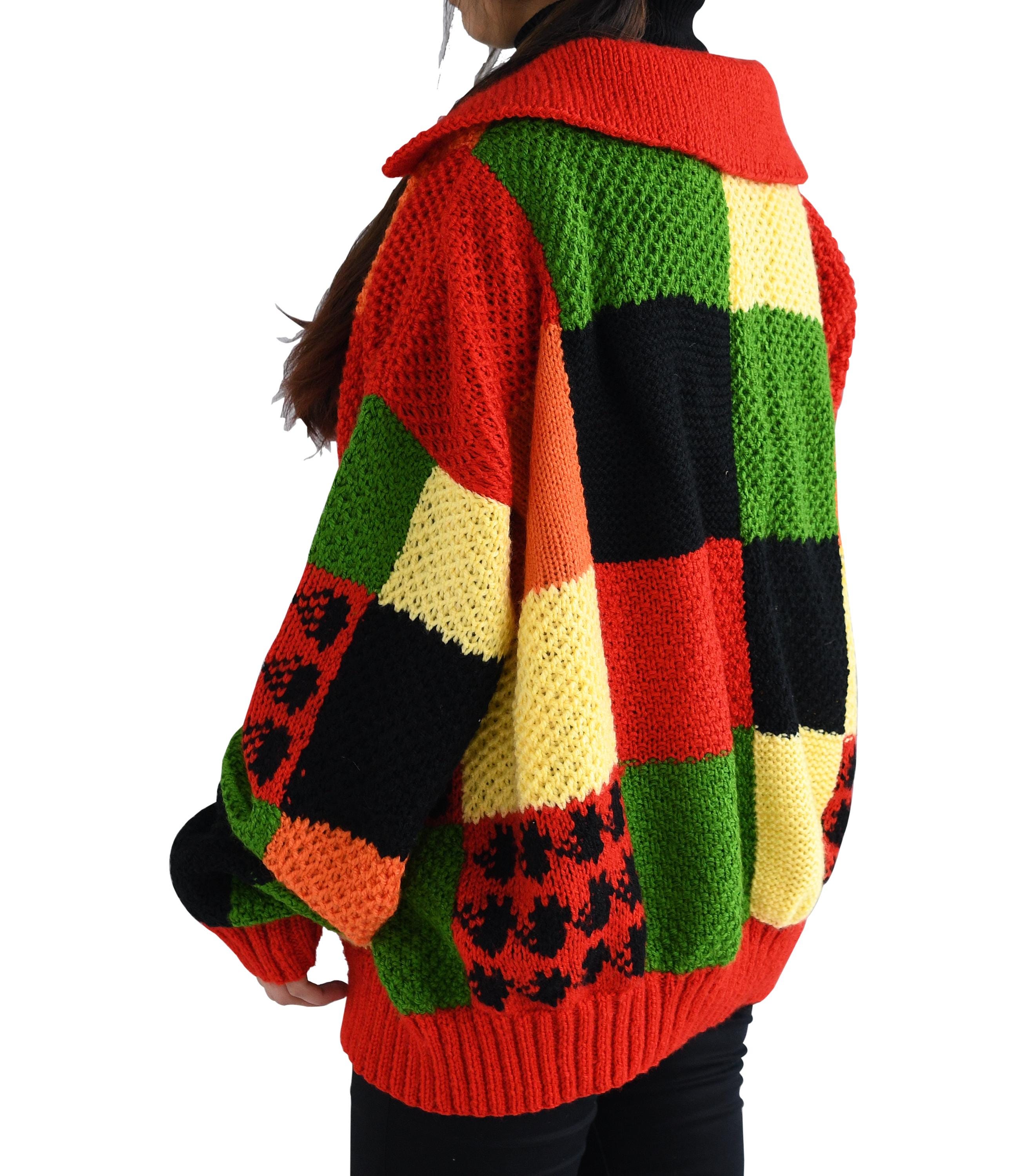 Patchwork Rainbow Knit Cardigan, Boho Unisex Sweater, Colorful Cardigan ...
