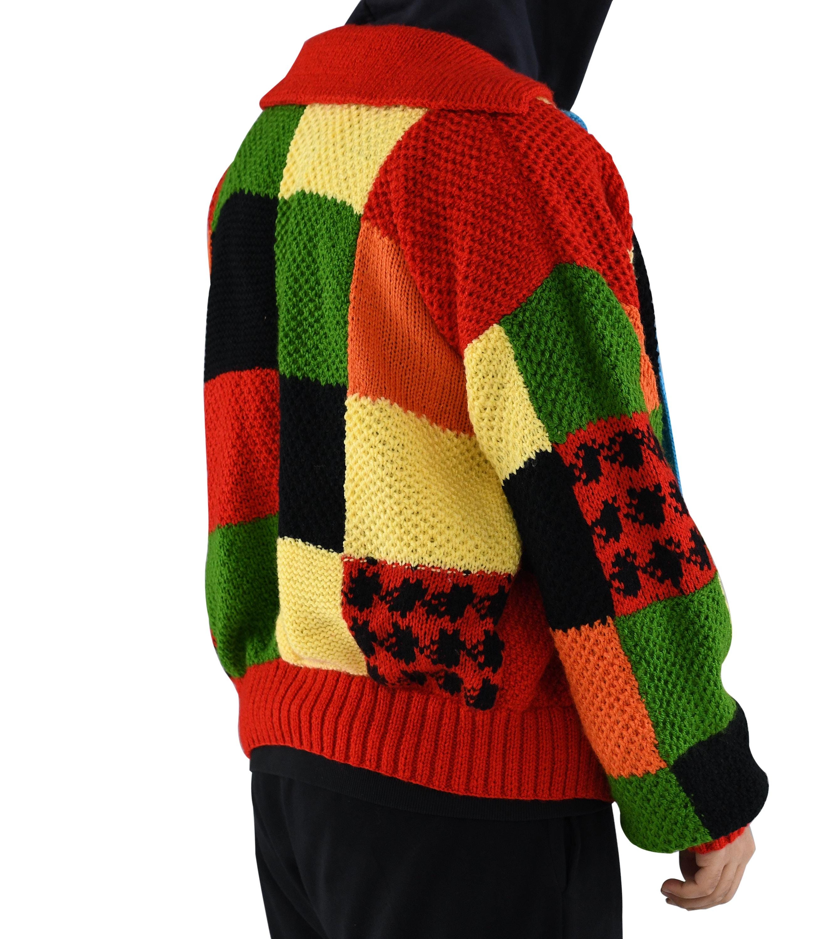 Patchwork Rainbow Knit Cardigan, Boho Unisex Sweater, Colorful Cardigan ...