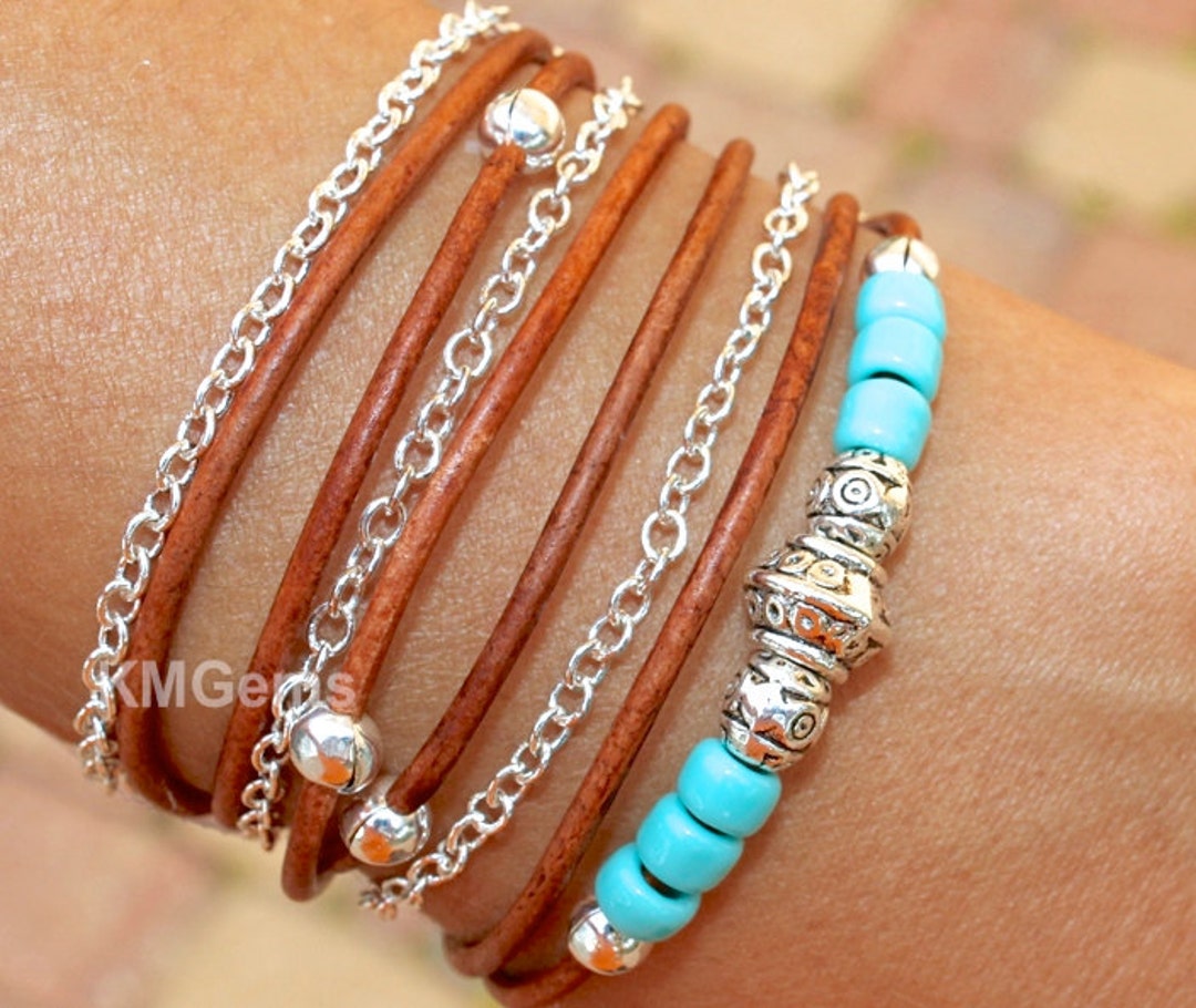 TURQUOISE Boho Leather Triple Wrap Chain Bracelet Custom Bohemian ...