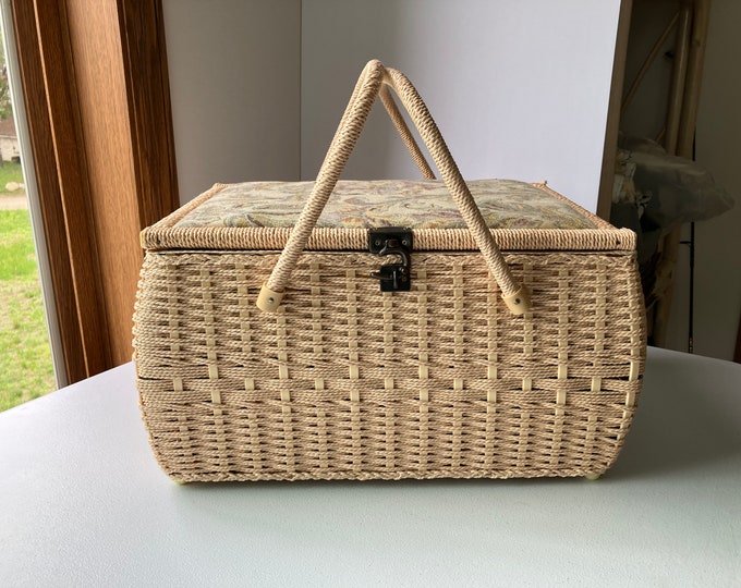 Vintage Large Sewing Basket Wicker Handles Tapestry Metal Clasp ...