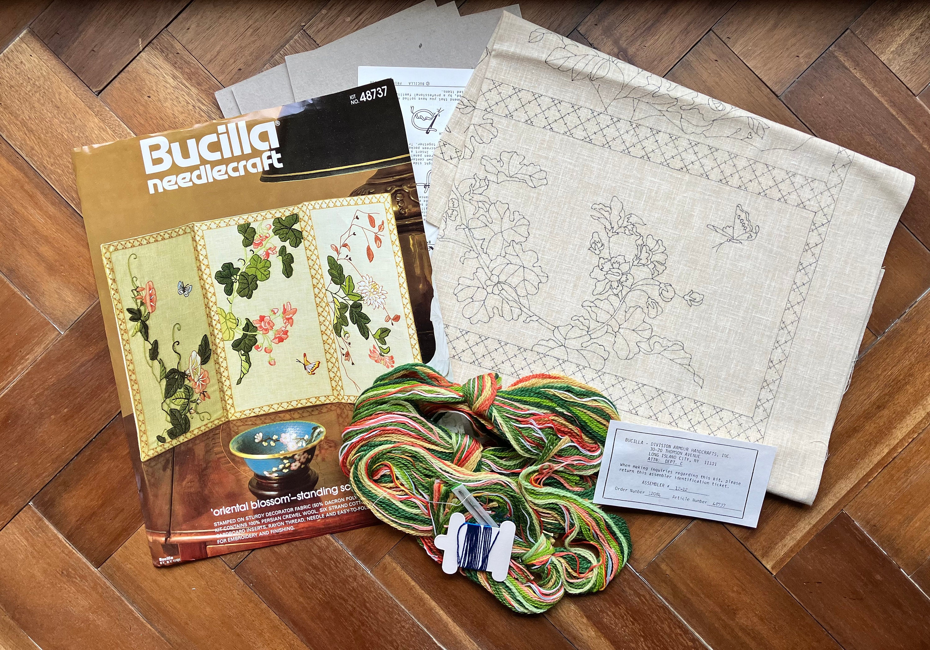 Vintage Crewel Kit Standing Screen Embroidery Stitchery Bucilla Needlecraft Oriental Blossom ...