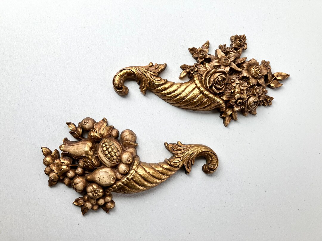 Vintage Wall Art Hanging Cornucopia Horn of Plenty Gold Ornate Syroco ...