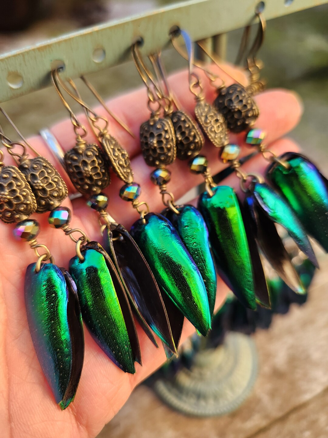 Real Beetle Wing Dangle Earrings, Bold Statement Earrings, Insect ...