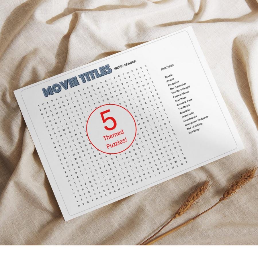 Movie Titles Word Search Puzzle Bundle 5 Fun & Nostalgic Puzzles for ...