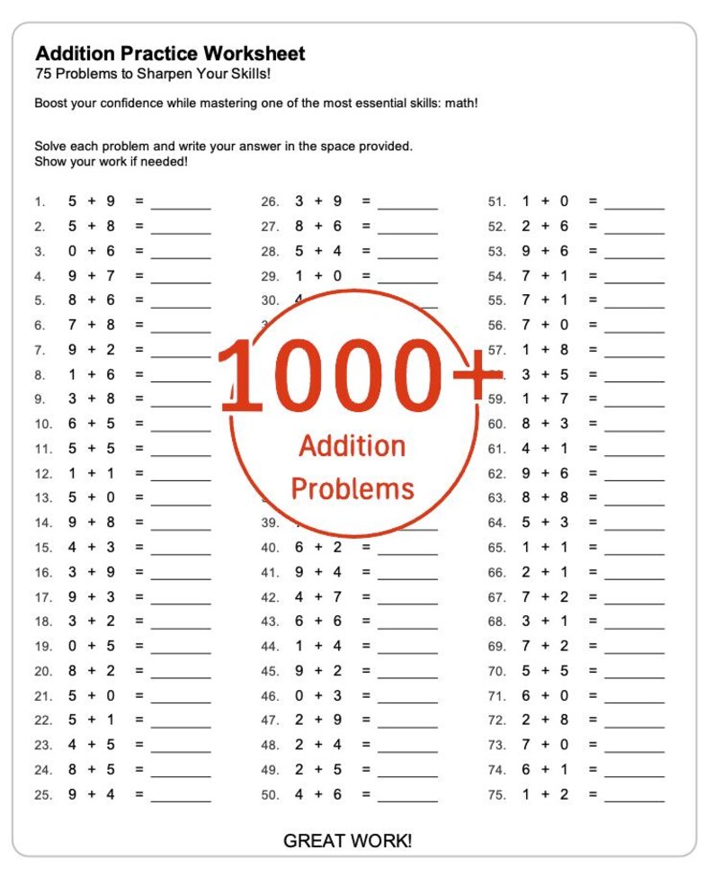 15 Printable Addition Math Worksheets Bundle – Over 1,000 Problems for ...