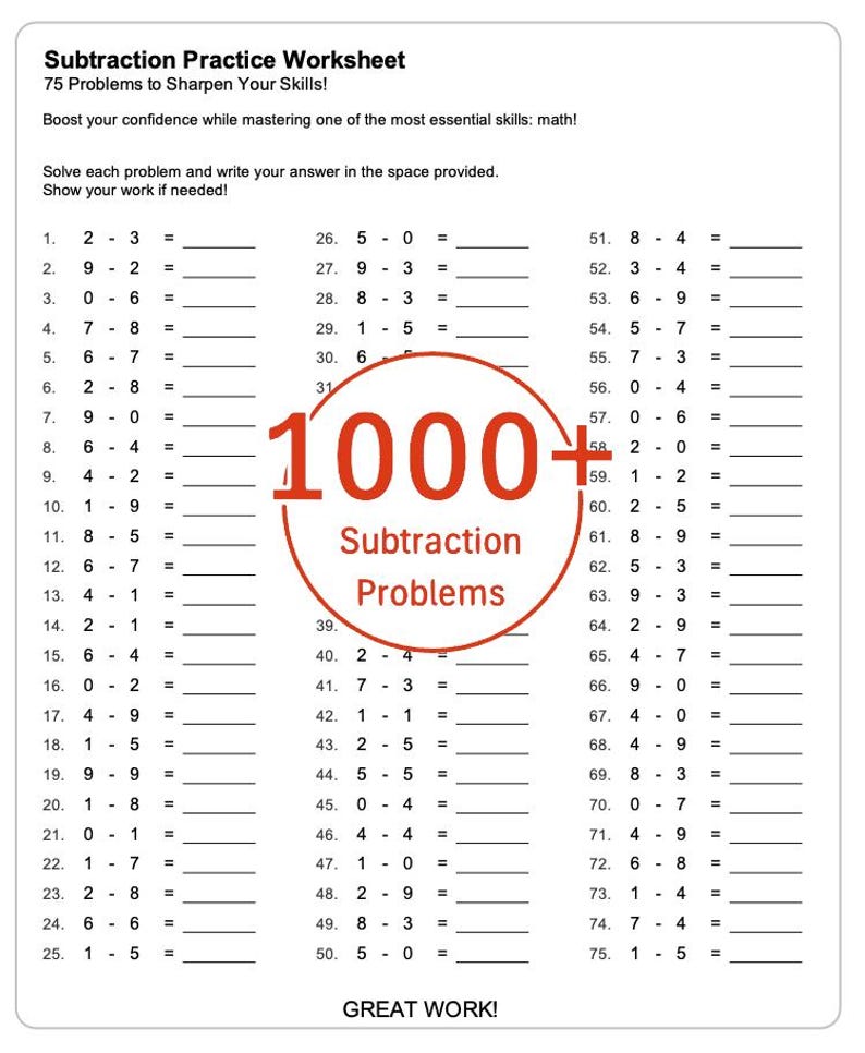15 Printable Subtraction Math Worksheets Bundle – Over 1,000 Problems ...