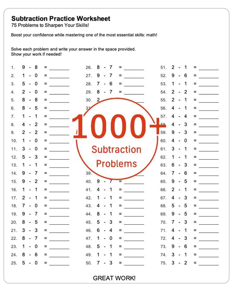 15 Printable Subtraction Math Worksheets Bundle – Over 1,000 Problems ...