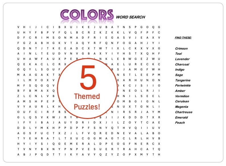 Colors Word Search Puzzle Bundle – 5 Fun & Vibrant Puzzles for All Ages ...