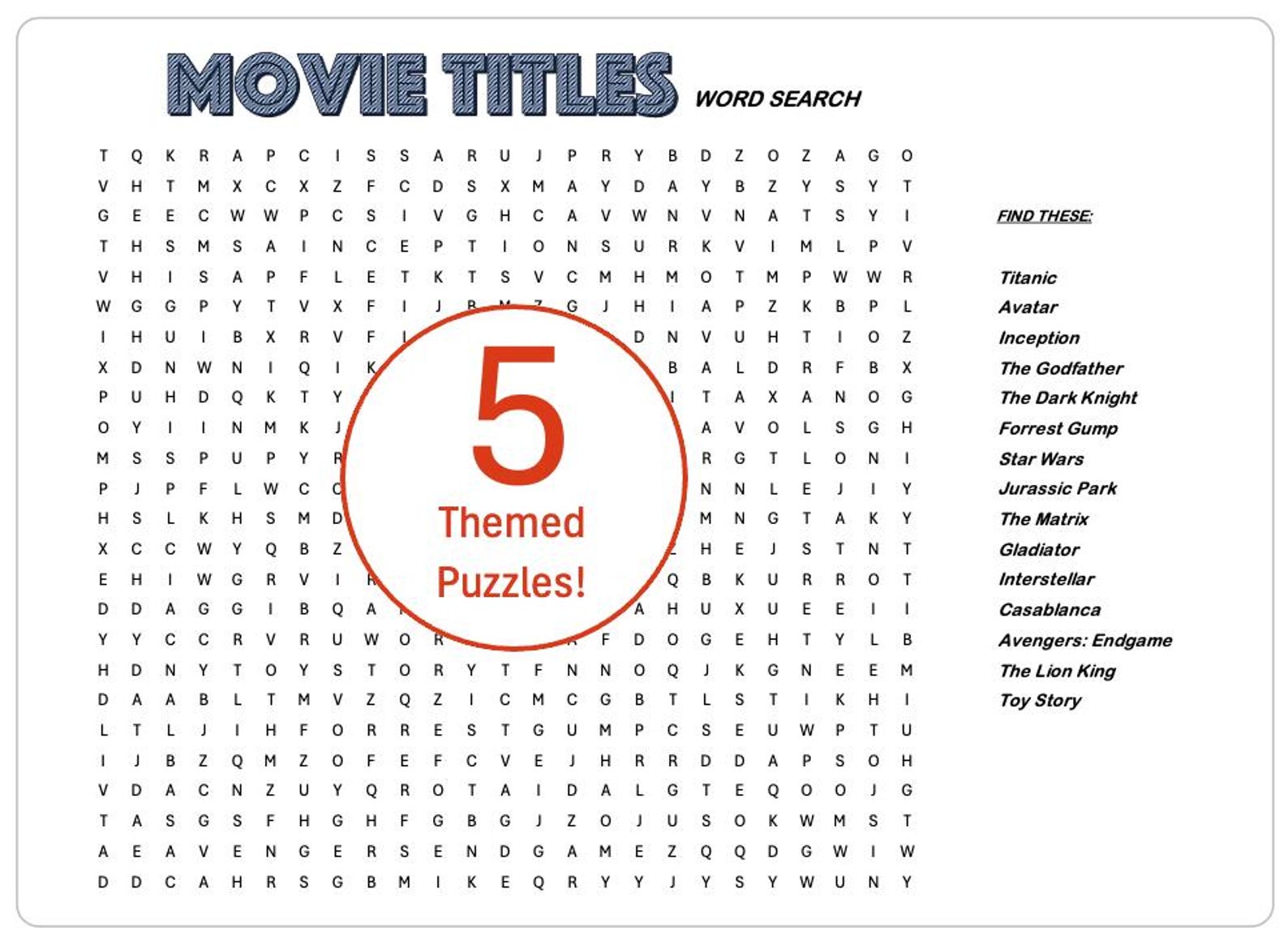 Movie Titles Word Search Puzzle Bundle 5 Fun & Nostalgic Puzzles for ...