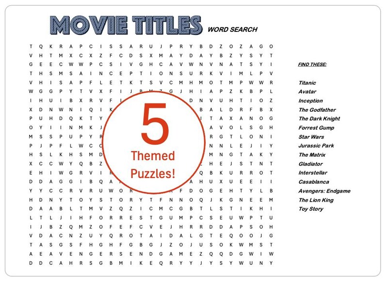 Movie Titles Word Search Puzzle Bundle 5 Fun & Nostalgic Puzzles for ...