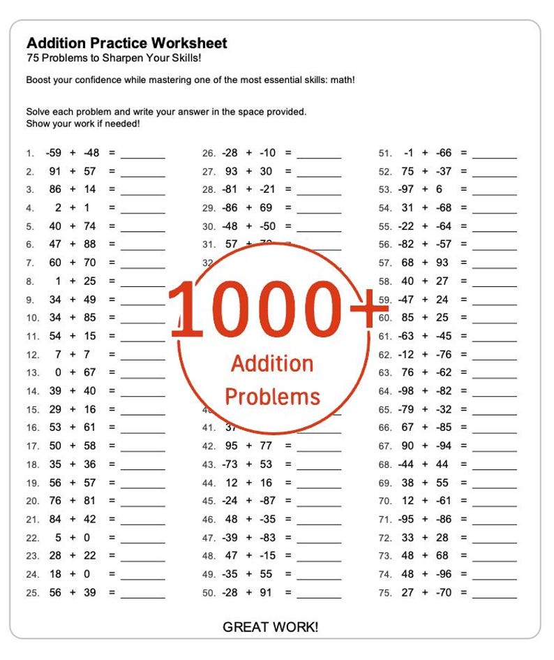 15 Printable Addition Math Worksheets Bundle – Over 1,000 Problems for ...
