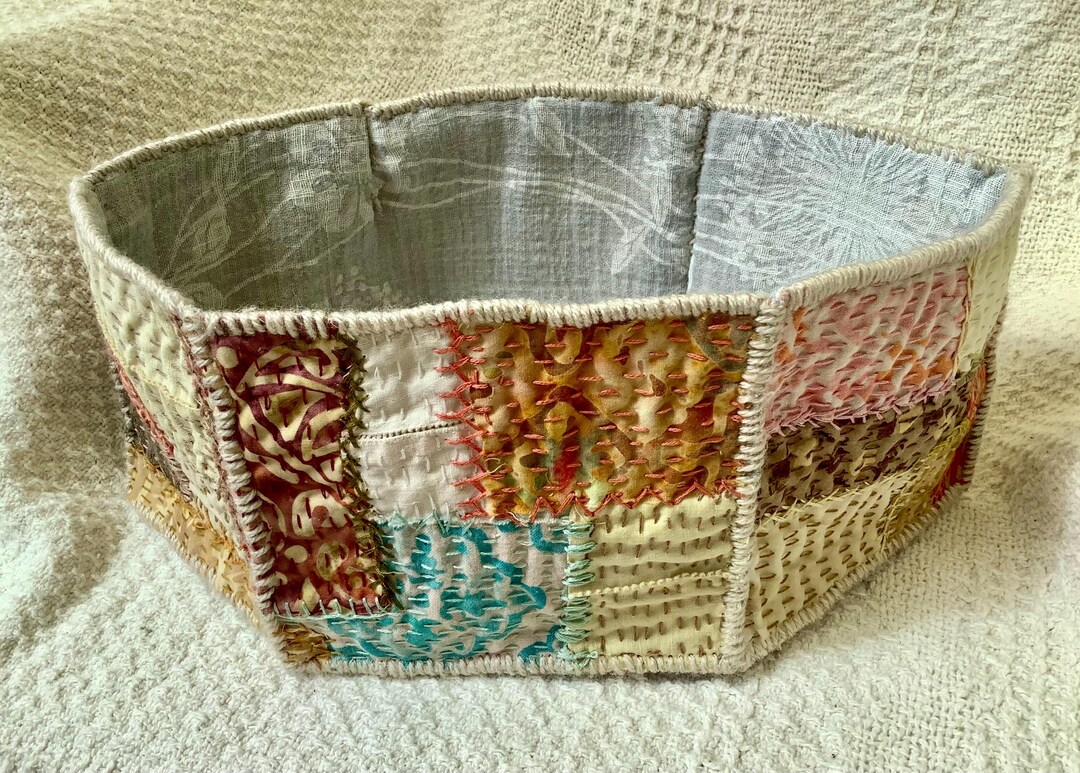 Slow Stitched and Embroidered Crazy Patchwork Vessel, Hexagonal ...