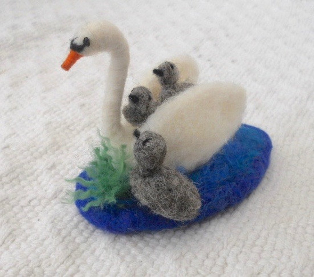 Needle Felted Swan, Swan & 3 Cygnets, White Swan, Play Mat, Nursery ...