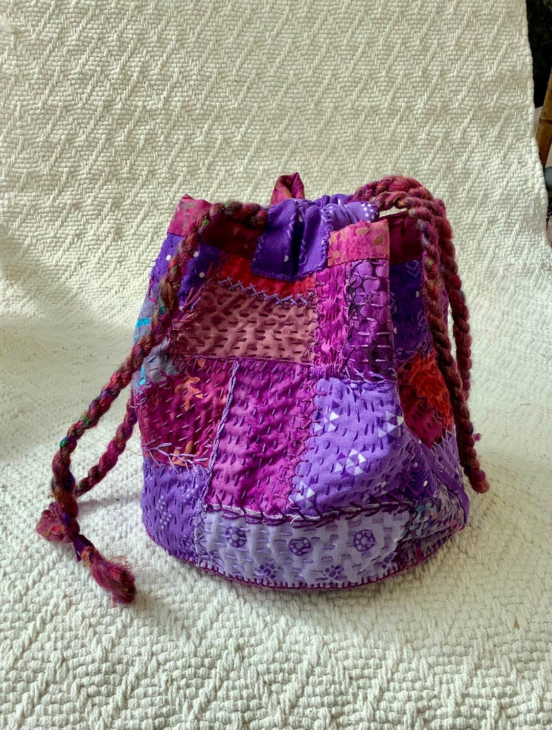 Slow Stitched, Crazy Patchwork, Purple Drawstring Bag, Japanese Rice ...