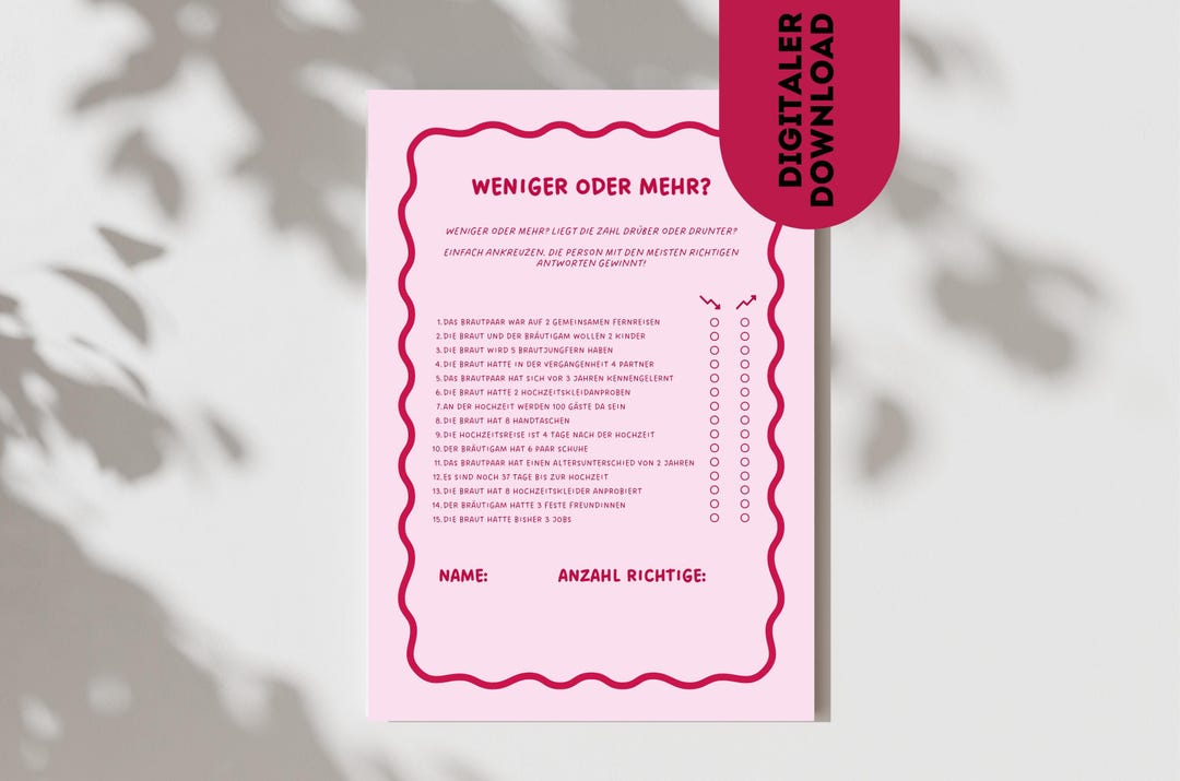 Bachelorette Party Game Less or More Last Minute Drinking Game JGA ...
