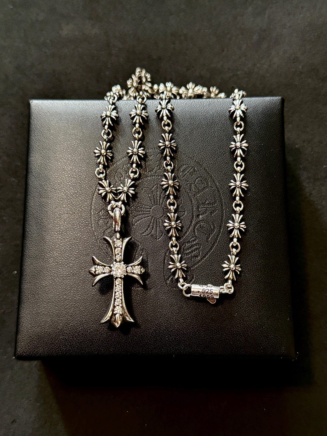 Ch Gothic Style Y2k .925 Silver Diamond Cross Necklace Chrome Chain ...