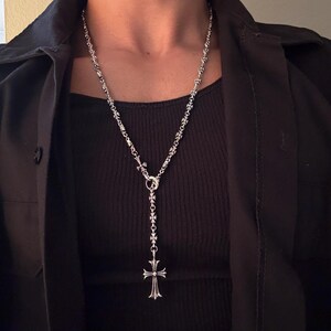 CH Gothic Style Rosary Y2K Punk Cross Necklace Chrome Silver Adjustable ...