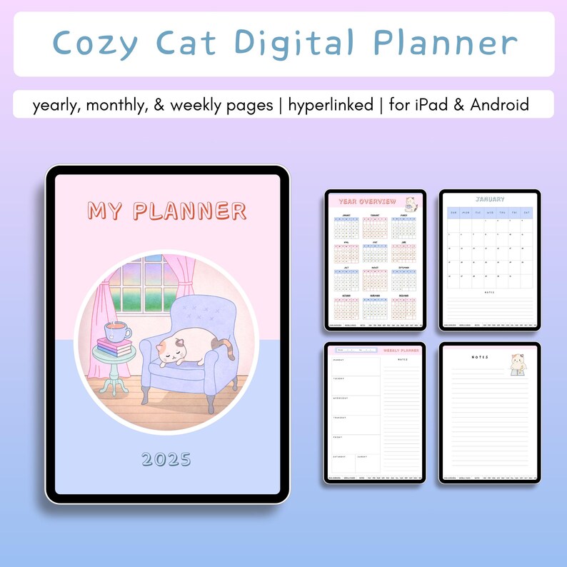 Cozy Kawaii Cat Undated Digital Planner | iPad & Android Planner ...